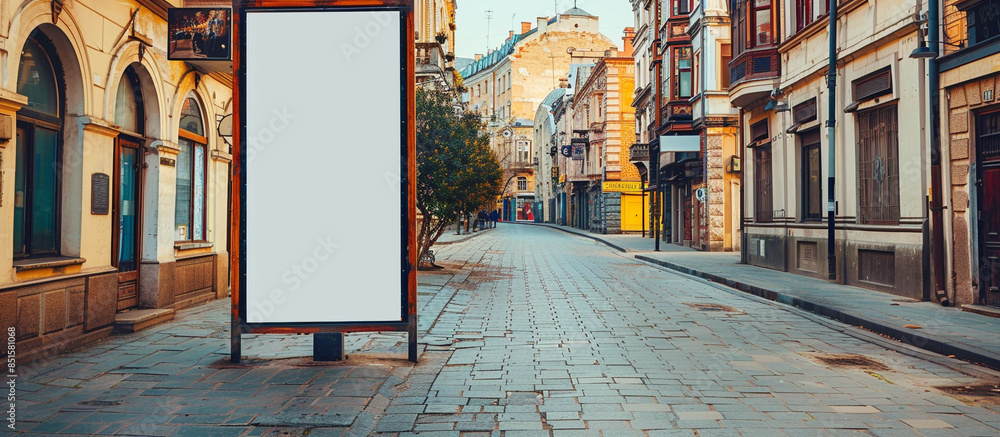 Empty vertical advertisement board on a street in a historic district ...
