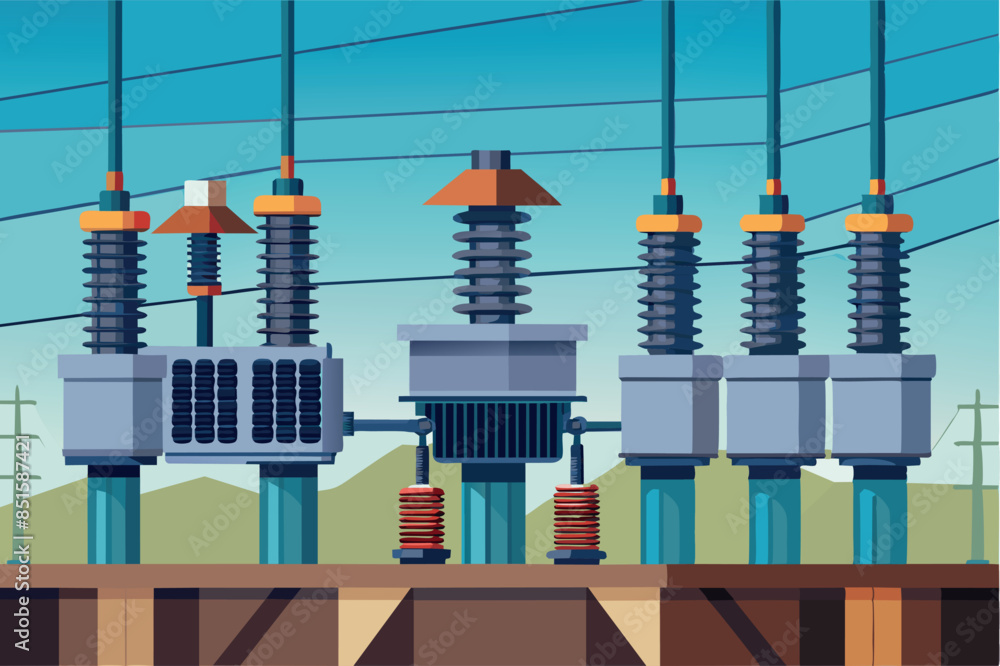electrical substation. High-voltage insulators, transformers and power ...