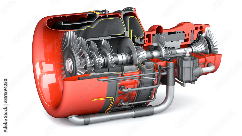 Cross section of a turbofan jet engine on a white background. Cutaway ...