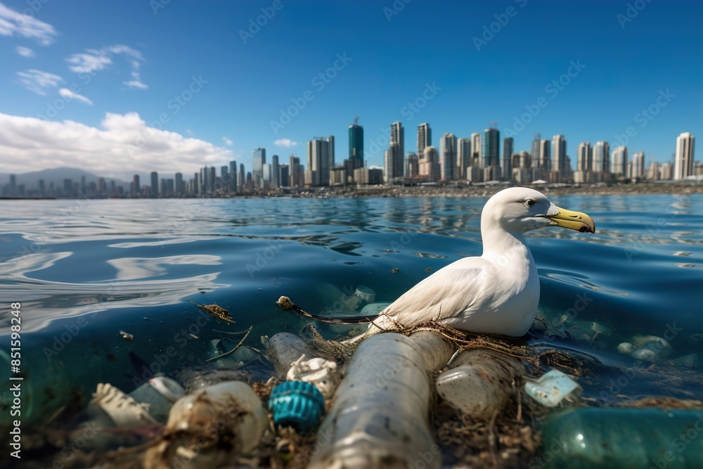 Bird trapped due to ocean pollution by plastics. Generative AI Stock ...