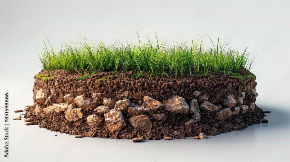 Round cross section of soil ground with green grass and earth ground ...