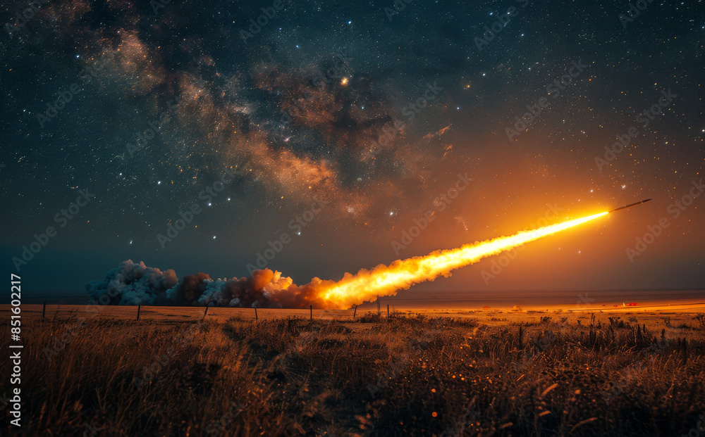 Surface-to-air missile launches in the sky. Nighttime operation of a ...