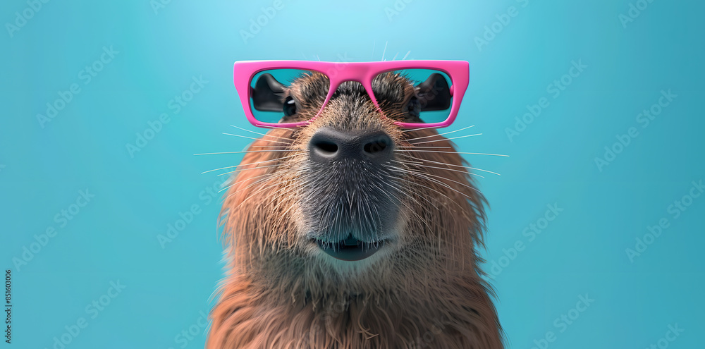 Cute Capybara in pink glasses front view isolated on blue background ...