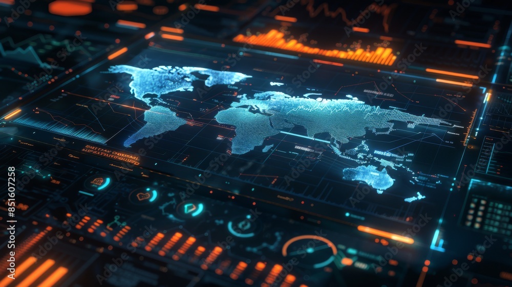 Digital world map with data charts and stats, Futuristic use interface ...