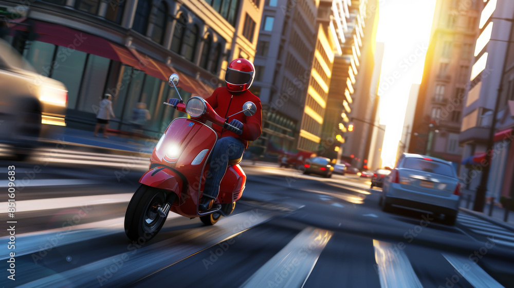 A rider on a red motorcycle speeds through the city at dawn, capturing ...