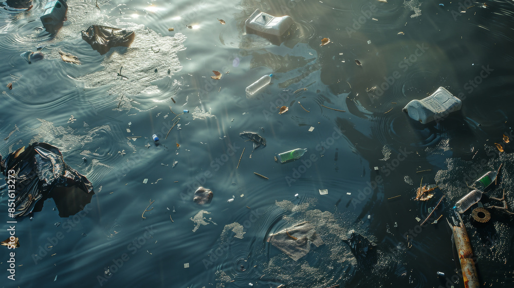 A polluted body of water filled with floating debris and trash ...