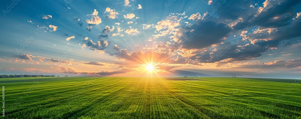 Rural landscape with farmland captured in an aerial view at sunset ...