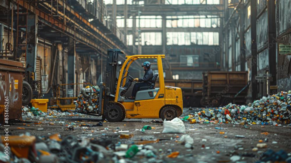 Forklift operator managing waste and recyclables in a cluttered ...