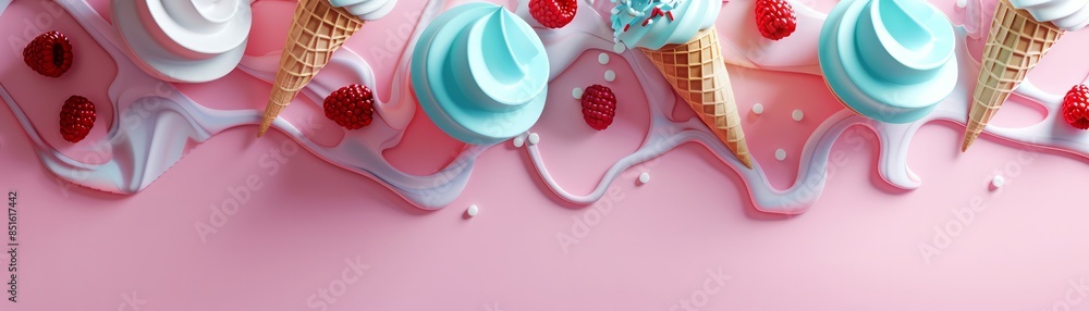frozen delights flat design top view ice cream sundae theme 3D render ...