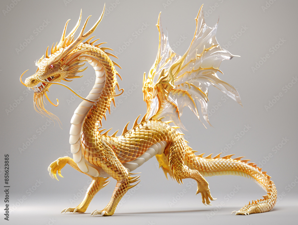Short-legged golden Chinese dragon in profile, standing upright Stock ...