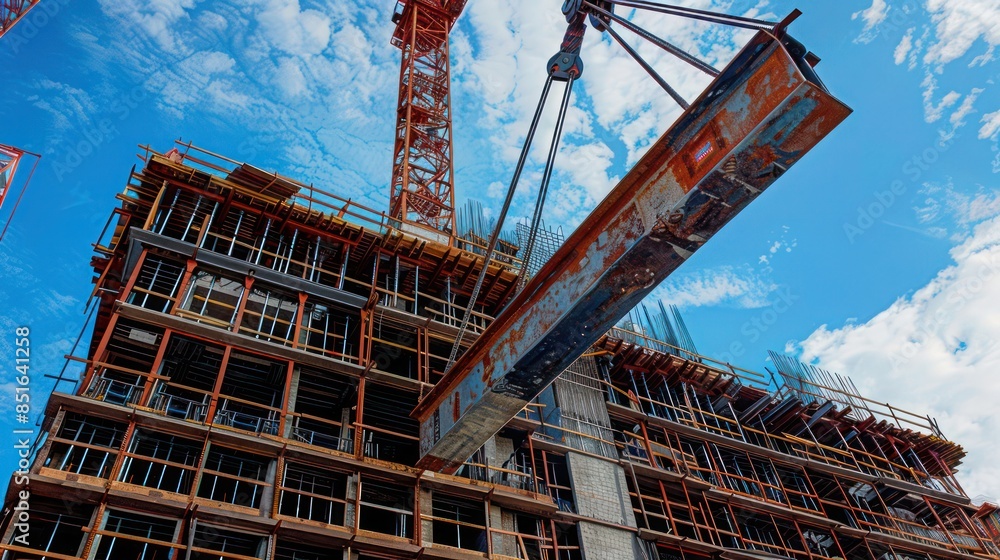 detailed view of a crane lifting a steel beam into place, with a high ...