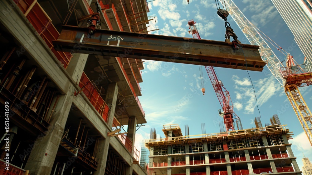 detailed view of a crane lifting a steel beam into place, with a high ...