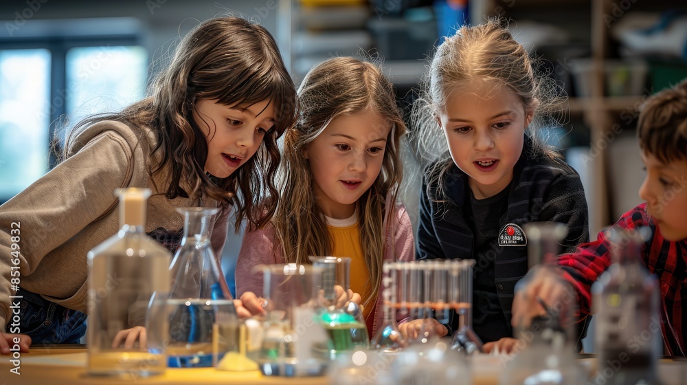 Children conducting science experiments with beakers and test tubes ...
