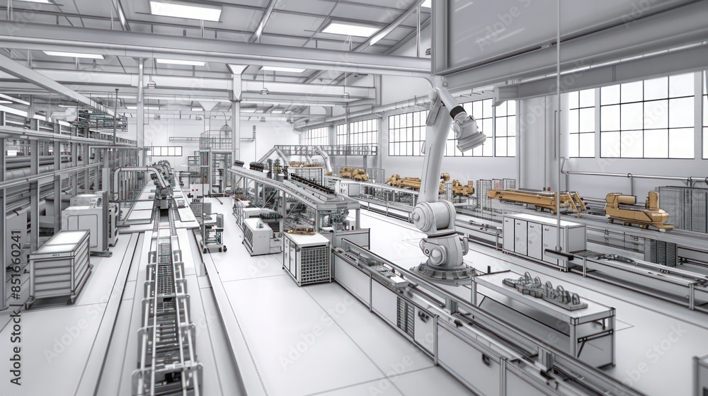 Technical drawings of an advanced manufacturing plant with robotic ...