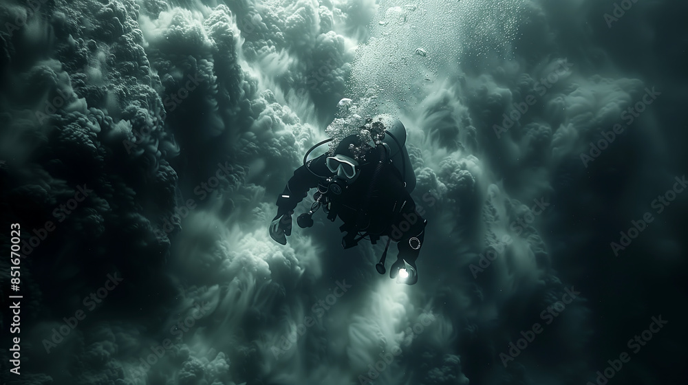Deep-sea diver illuminated by a faint light, descending into a pitch ...