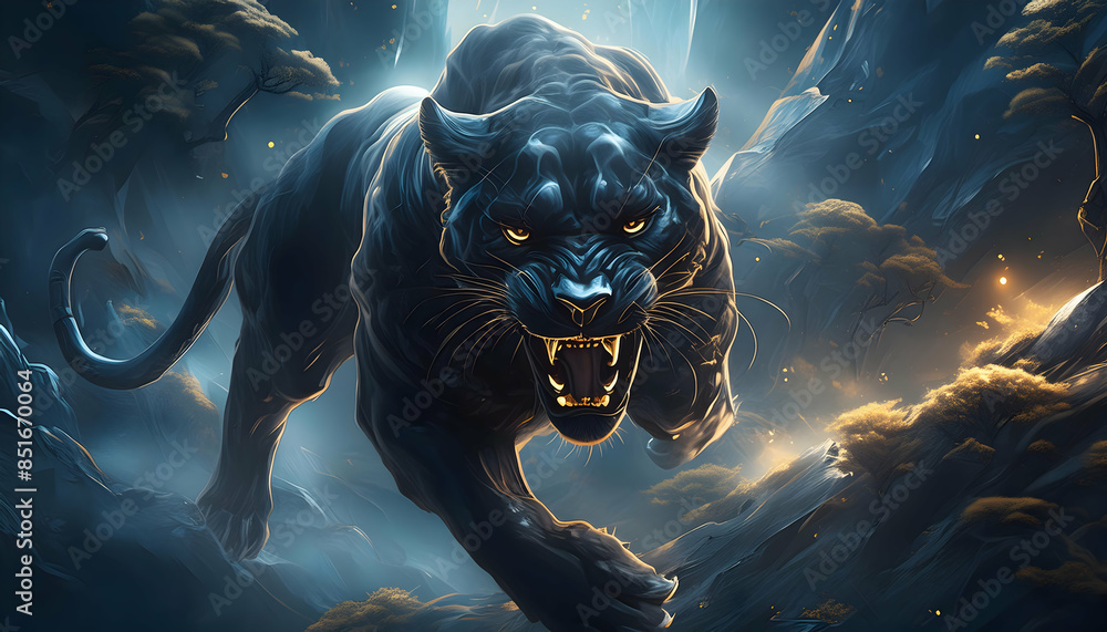 Artistic strange magic black panther fighting on digital art concept ...