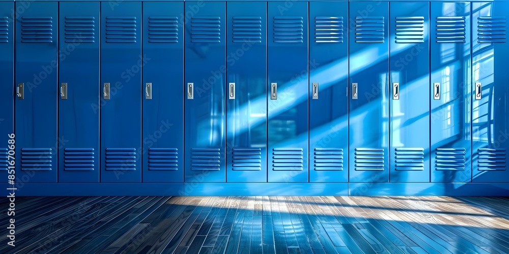 Americanstyle blue school lockers for students in a traditional ...