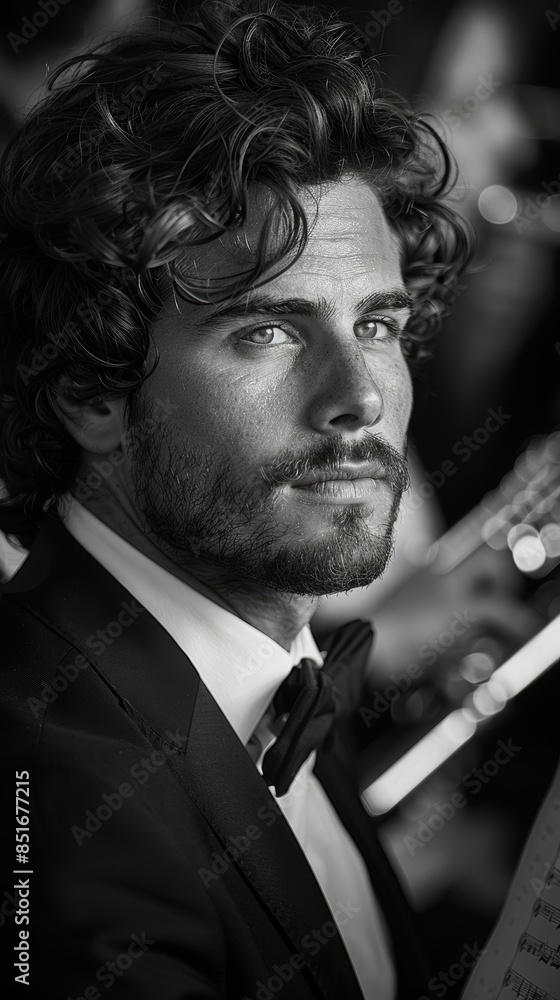 Elegant man with wavy hair in formal black suit and bow tie, sitting ...