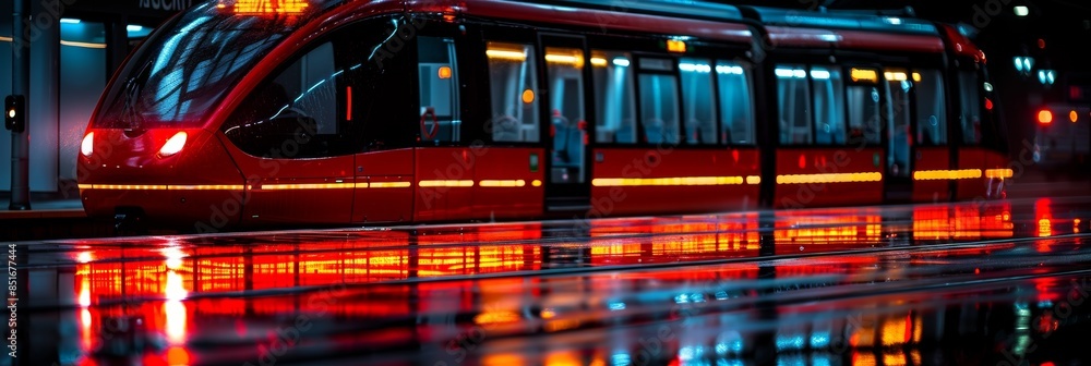 A modern red tram illuminated by neon lights reflects vibrantly off wet ...