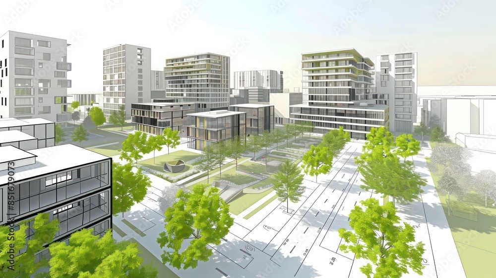 Blueprints of a modern urban redevelopment project with mixed-use ...