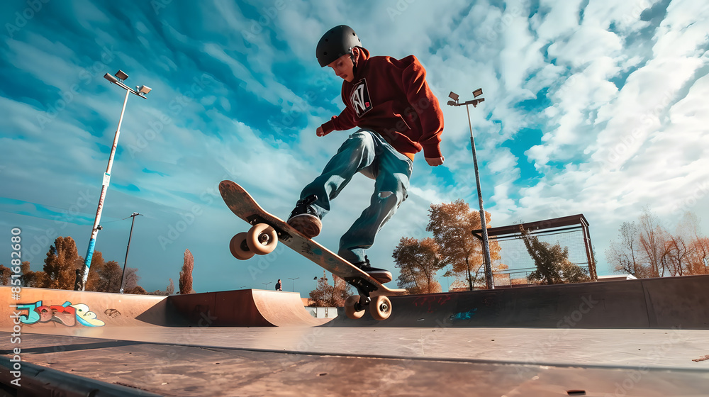 young boy jumping with scooter freestyle in urban skatepark- jump ...