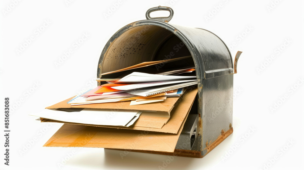 An old-fashioned mailbox on a white background is shown open, revealing ...