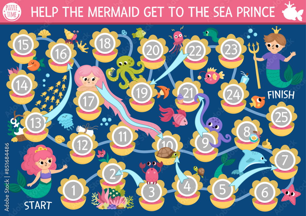 Mermaid dice board game for children with cute sea princess, prince ...