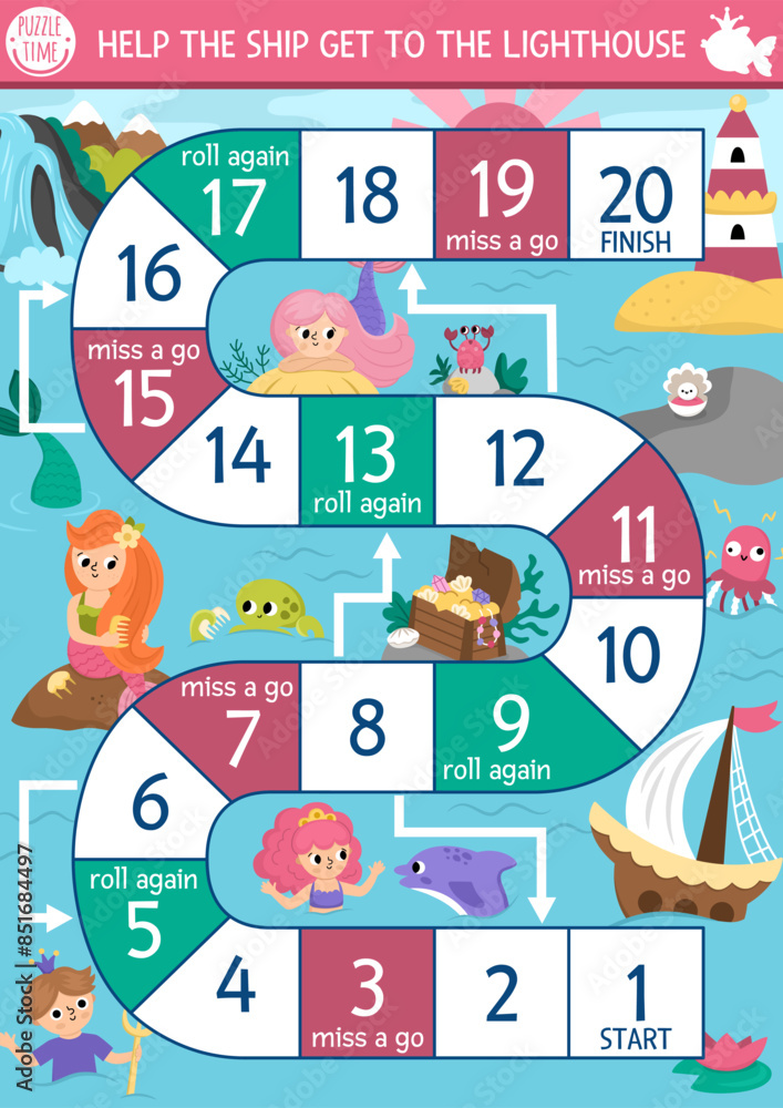 Mermaid dice board game for children with cute sea princess. Marine ...