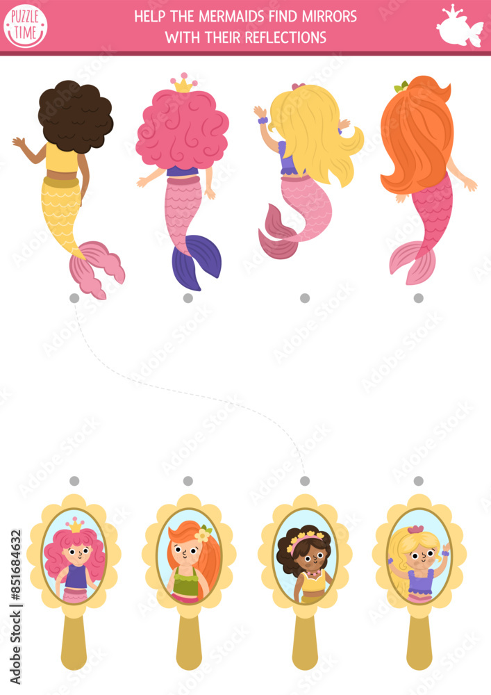 Mermaid matching activity with front and back view. Marine puzzle with ...