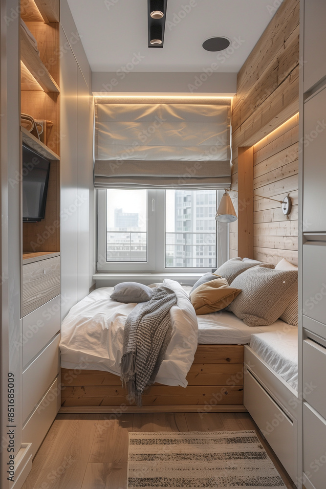 Tiny Bedroom. Room with Simpe Design and White Furniture. Small Window ...