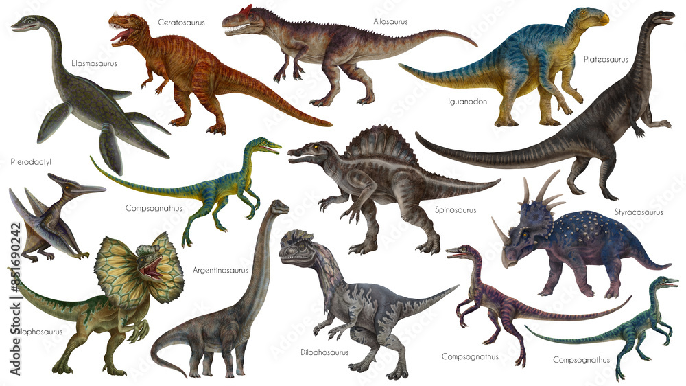 Dinosaur set. Dino illustration. Carnivores and herbivores. Allosaurus ...