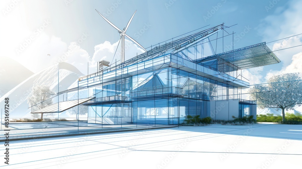 Technical drawings of a modern renewable energy plant with integrated ...