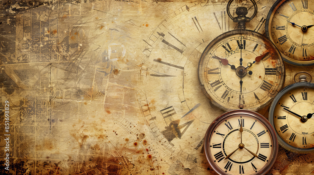 Vintage clocks with old-style dials sit on a wide, antique paper ...
