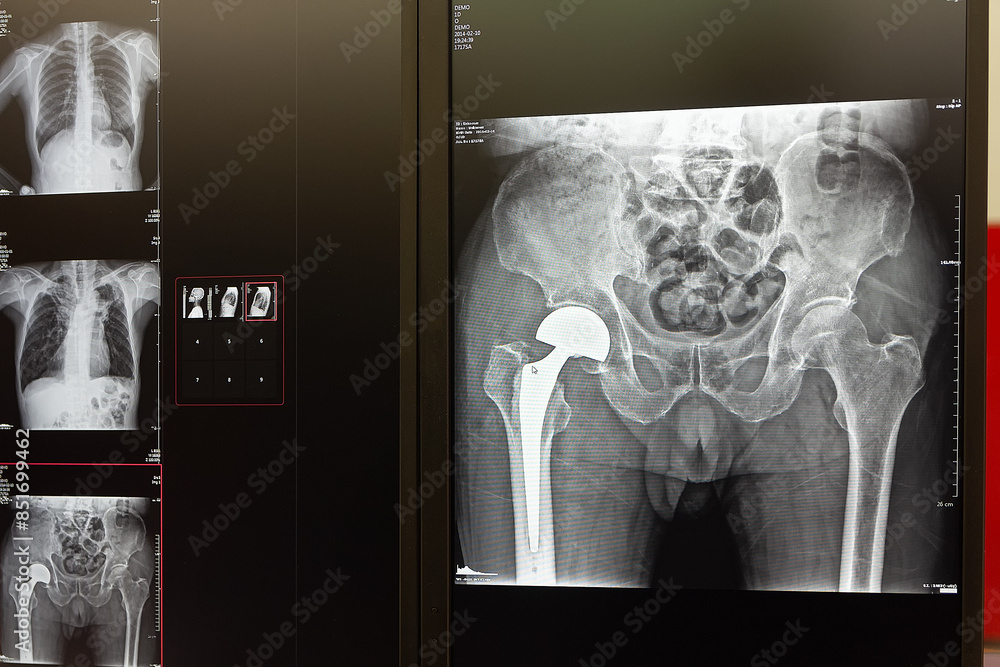 X-ray of hip joint endoprostheses on the monitor screen. Medicine ...