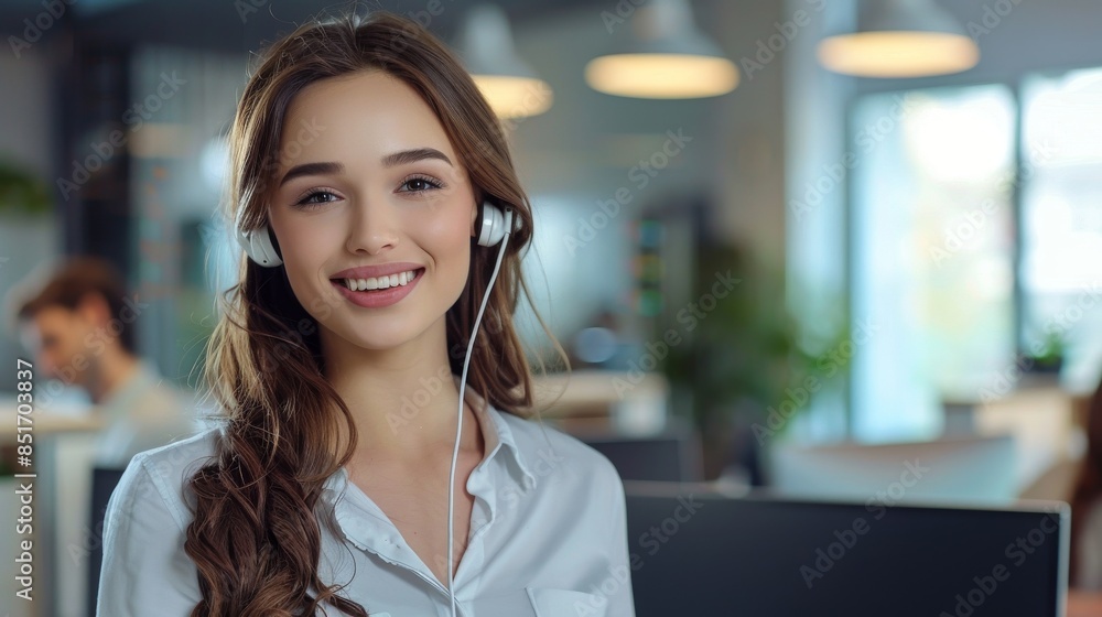 A friendly and welcoming customer support representative standing in ...