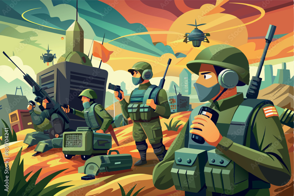 Military scene with soldiers in combat uniforms and helmets. A tank and ...