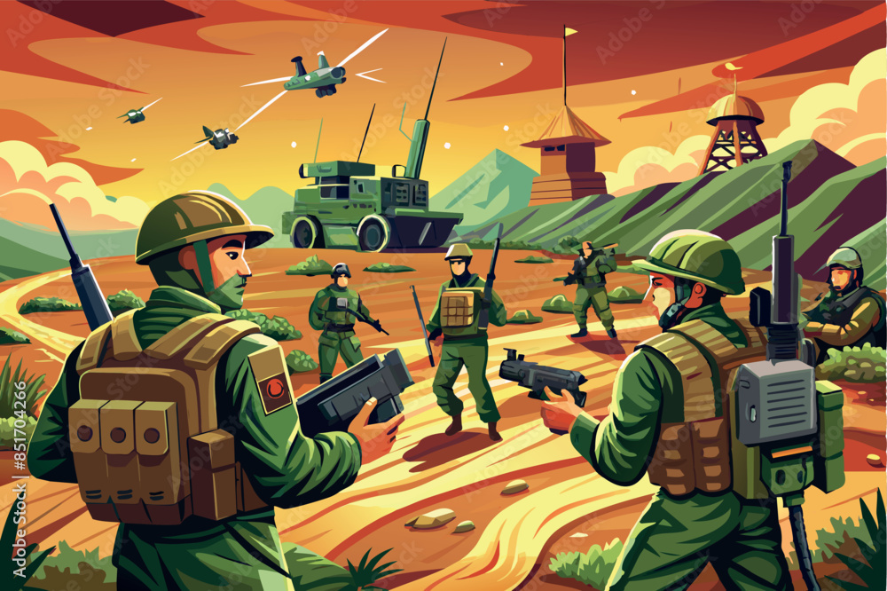 Military scene with soldiers in combat uniforms and helmets. A tank and ...