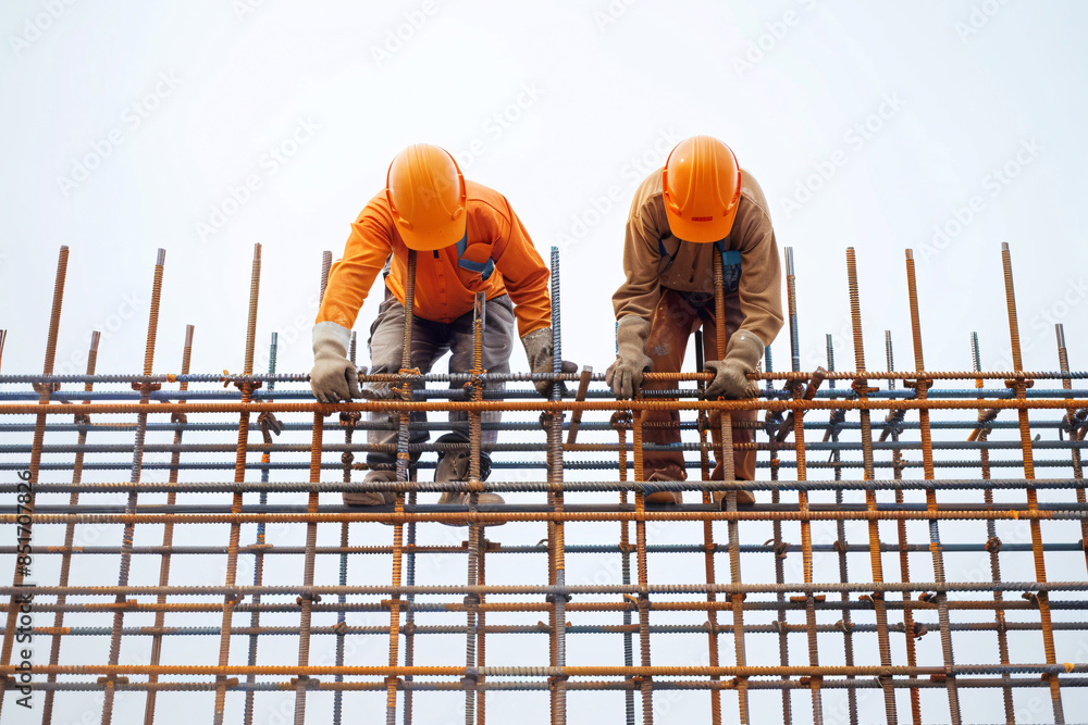 Two construction workers are tying rebar at a construction site. They ...