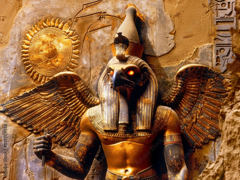 Medium shot of an Egyptian god with eagle head with golden glowing eyes ...