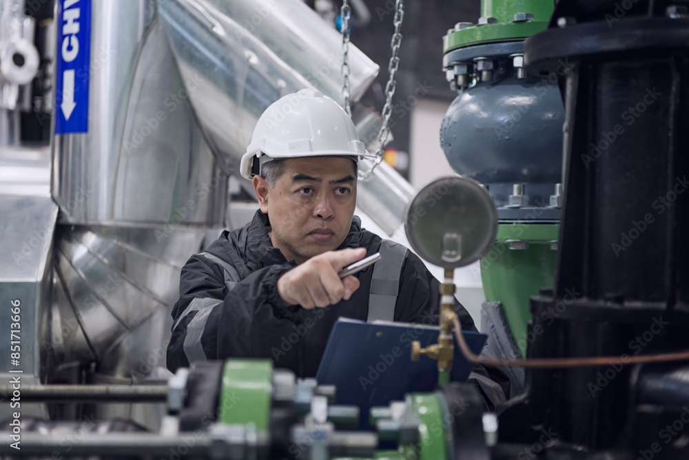 worker in factory. People in Industrial interior chiller and boiler ...