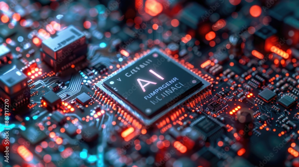 Glowing AI motherboard chip, artificial intelligence CPU chip AI written on chip closeup view ...