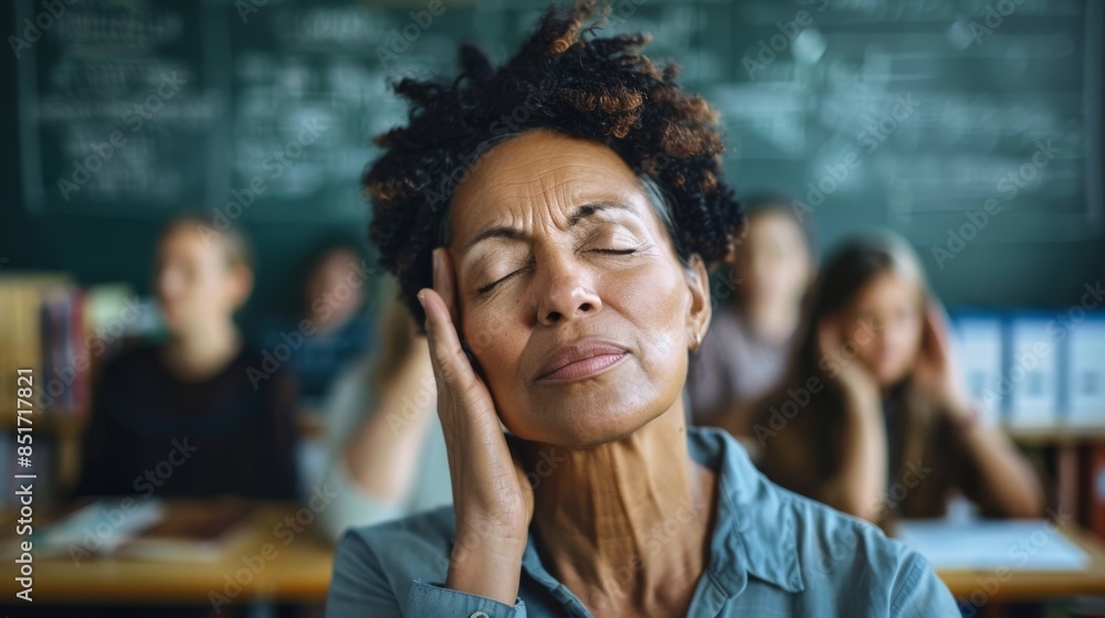 Stressed teacher in a classroom filled with students, holding her head ...