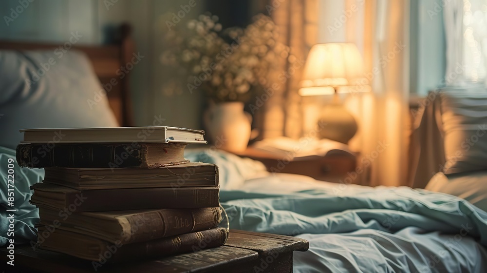 Frontal Angle, stack of books with calming tales on a nightstand, cozy ...