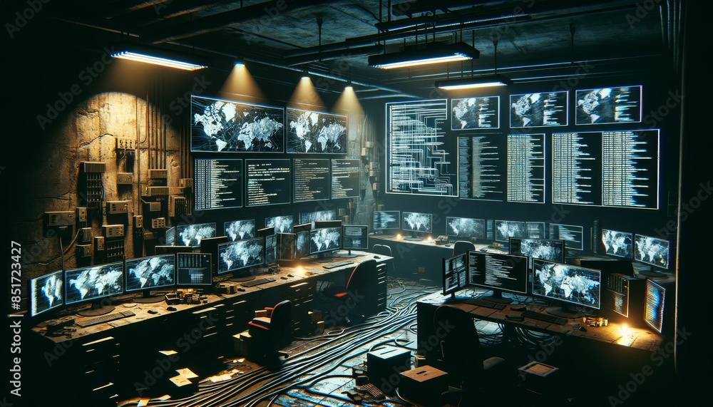 An underground hacker's lair, cluttered with computer parts and screens ...