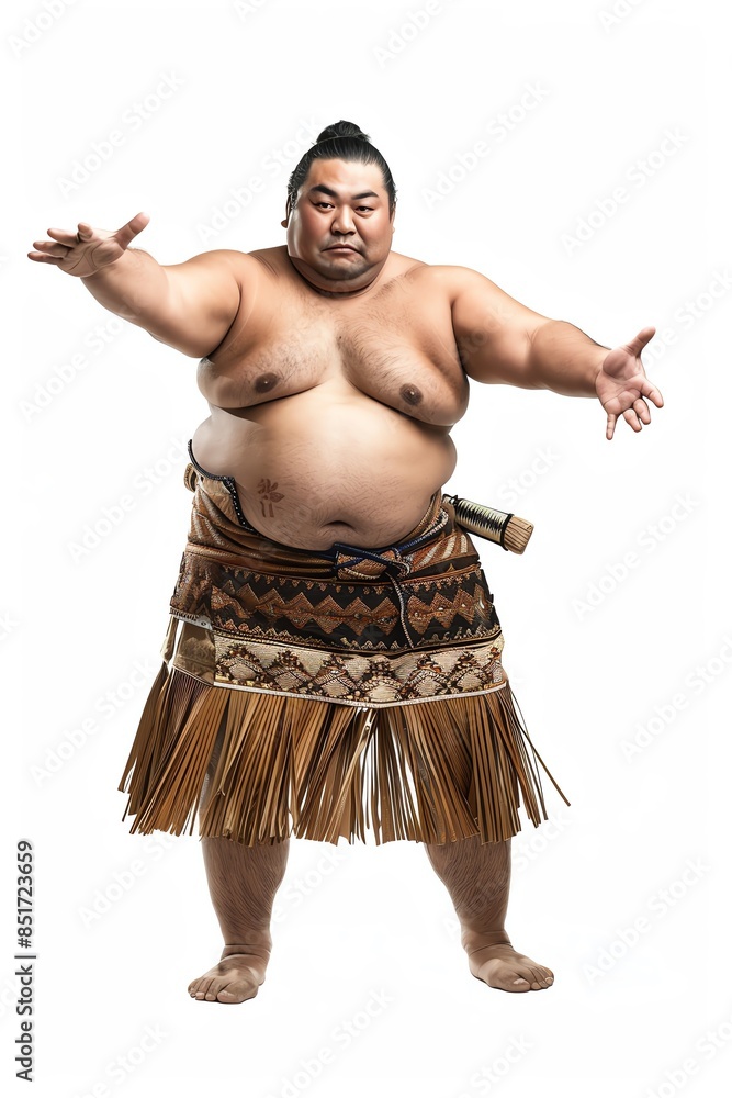 A sumo wrestler in a traditional mawashi and kesho-mawashi is standing ...