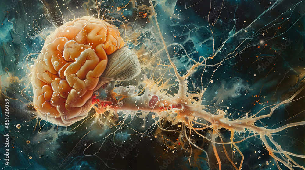 Artistic representation of the brain and spinal cord, showing the ...