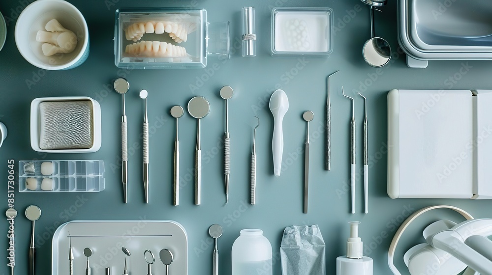 Top View: An aerial view of dental care products arranged creatively ...