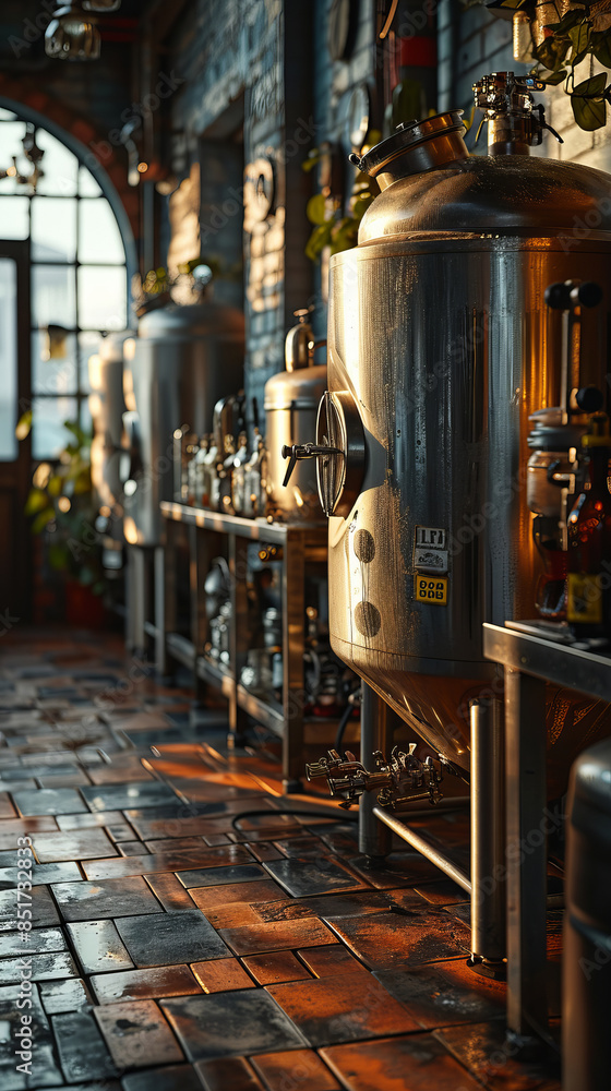Brewery Interior Scene: Traditional brewery with copper tanks for ...