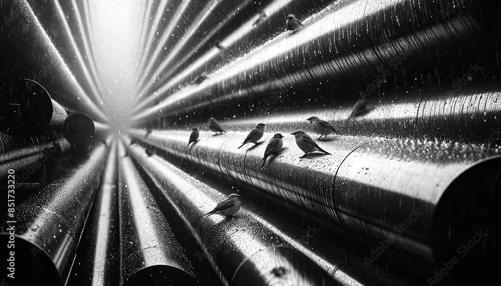 A detailed, well-focused image of metal pipes with raindrops falling ...
