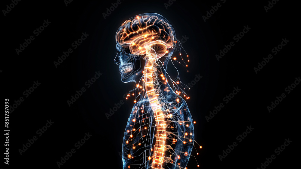 Graphic representation of the nervous system, focusing on the brain and ...